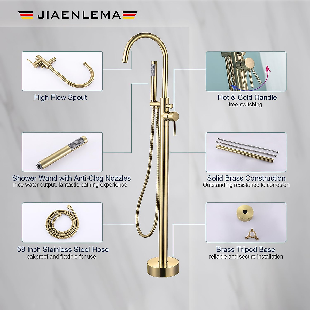 Freestanding Bathtub Faucet Brushed Gold Floor Mount Tub Filler with Single Handle, Free Standing Tub Faucet with Swivel Tub Spout, Modern Tub Shower Faucet with Hand Shower 59〞 Shower Hose JIAENLEMA