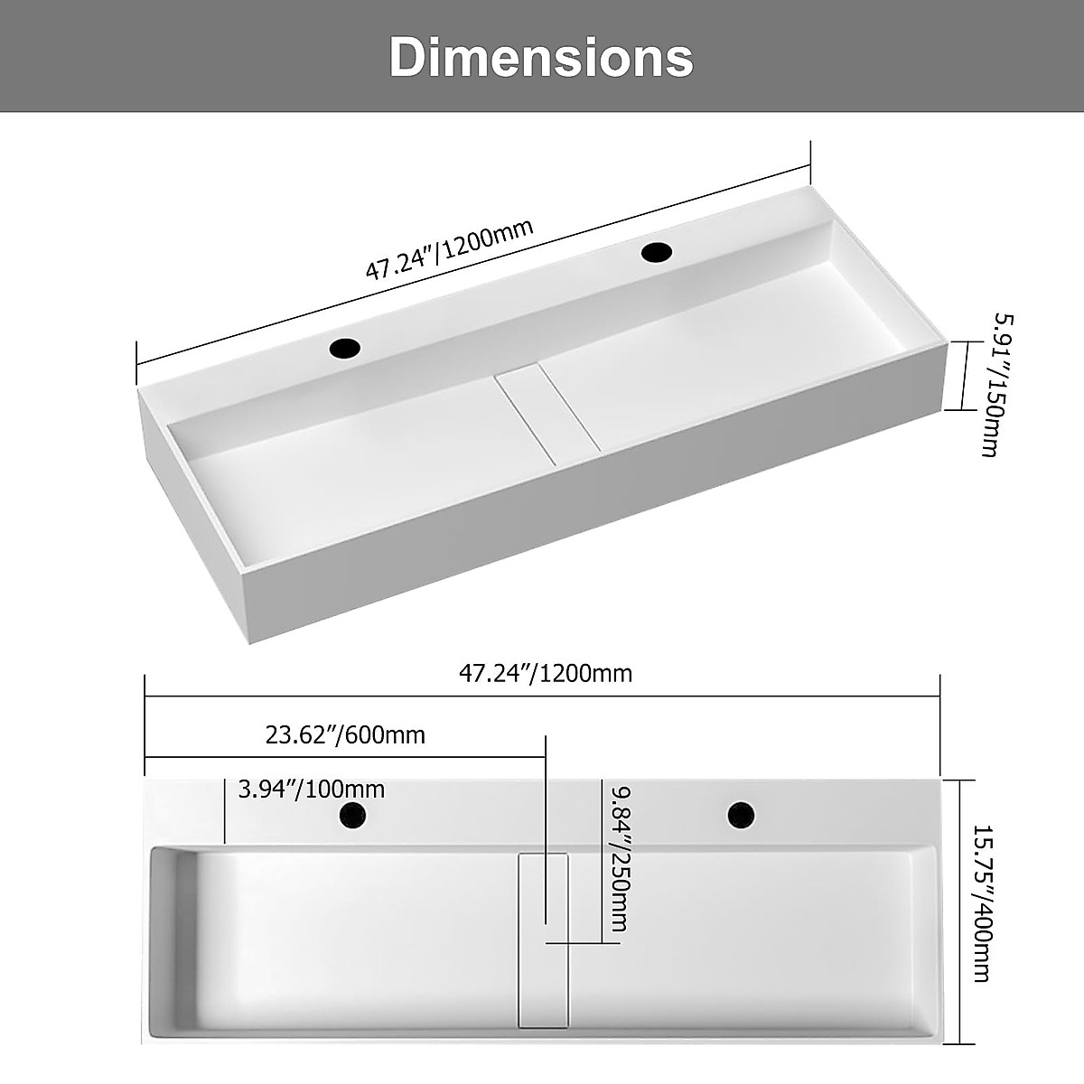 Weibath 47'' Bathroom Vessel Sink Double-Bowl Bathroom Sink Wall Mounted Trough Floating Sink in Matte White