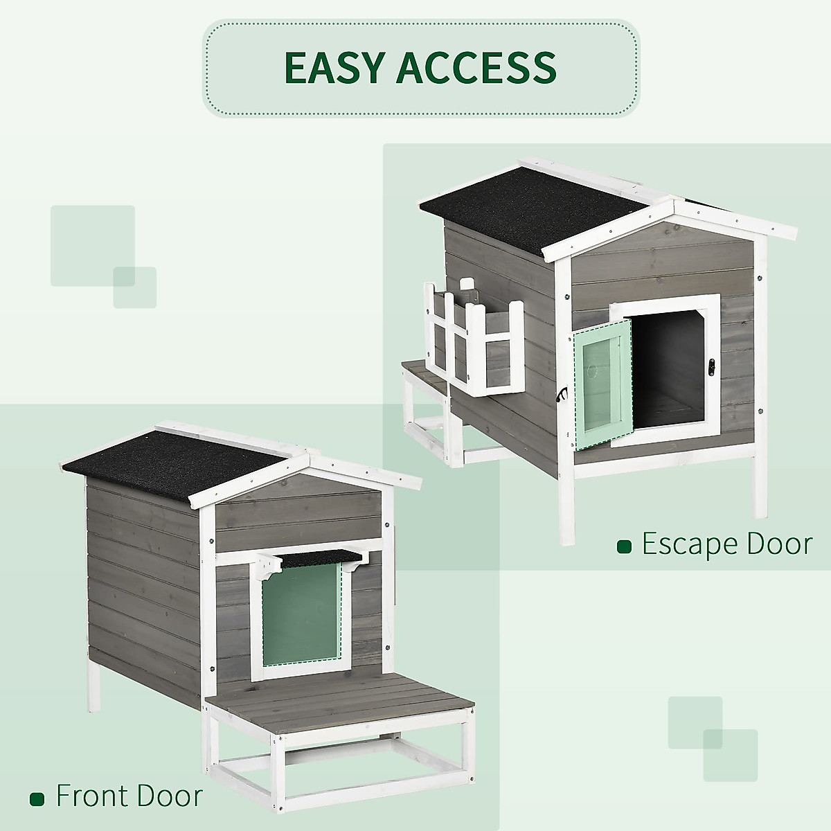 PawHut Wooden Cat House Outdoor with Door, Weatherproof 2-Floor Cat Shelter with Asphalt Roof, Balcony, Dark Gray