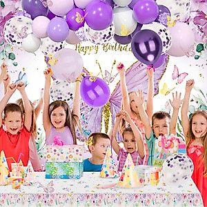 Purple Happy Birthday Party Decorations Butterfly Set for Women Girls Men Boys, Backdrop, Banner, Purple Balloon, Tablecloth for 2th 8th 13th 16th 18th 21th 25th 30th 40th 50th 60th 70t Party Supplies