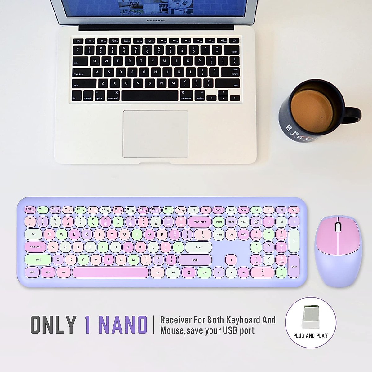 Dedeo Wireless Keyboard and Mouse Combo,USB Purple 110 Keys Compact Full Size Colorful Keyboard and Mouse Set, 2.4Ghz Noise-reducing Ultra-Quiet Keys, Ultra-Thin，for Windows, PC, Laptop, Desktop