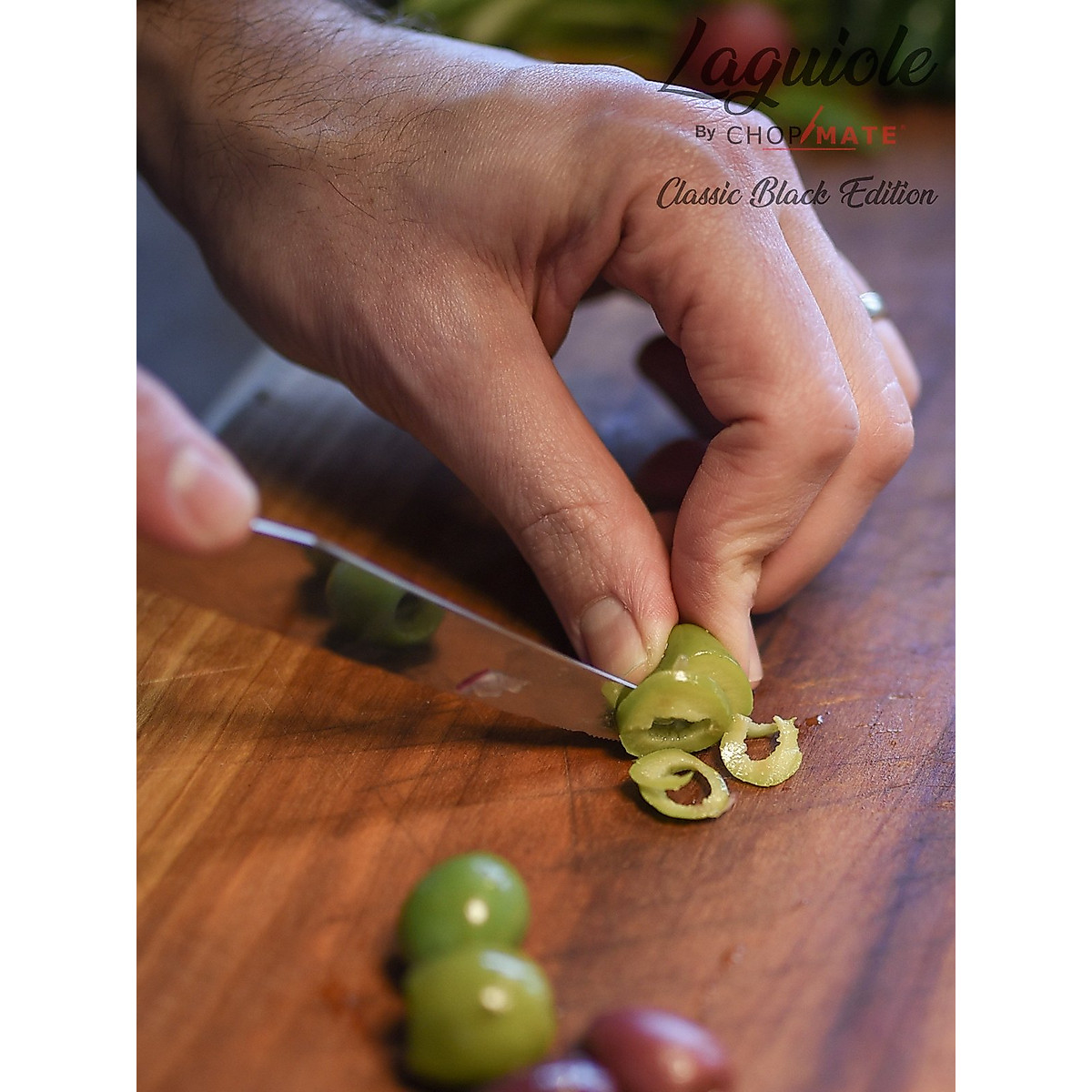 Chopmate Laguiole Premium Steak Knife Set - 4.5 inch - Classic Black Edition - Razor Sharp Kitchen Knives - Forged Stainless Steel - Full Tang Handle - 6 Piece Set + Wood Storage Display Block