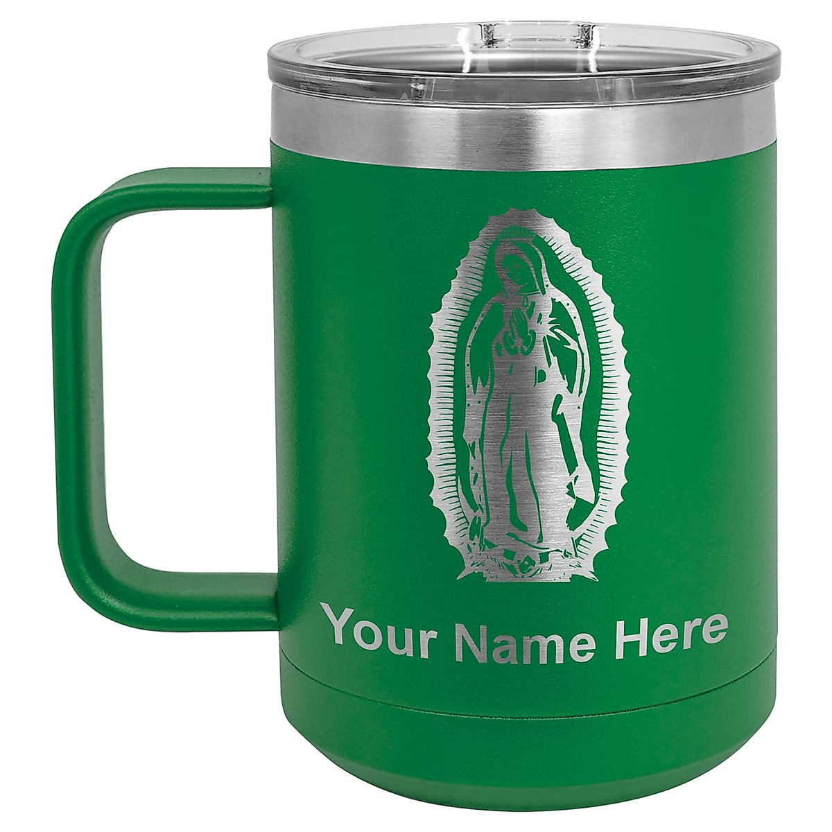LaserGram 15oz Vacuum Insulated Coffee Mug, Virgen de Guadalupe, Personalized Engraving Included (Green)