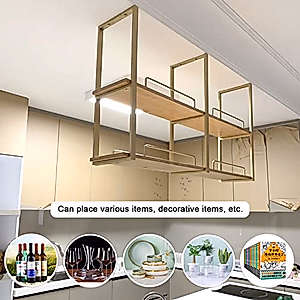 Ceiling Shelf, Hanging Shelf with guardrail - 2 Layer Ceiling Mount Storage Rack with wooden boards, 47.2inch Metal display stand for wine bottle Plants books Storage, for Restaurant, Bar, Cafe
