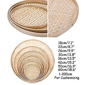 100% Handwoven Flat Wicker Round Fruit Basket Woven Food Storage Weaved Shallow Tray Organizer Holder Bowl Decorative Rack Display Kids DIY Drawing Board (Sqaure Hollow-Bamboo White, 26cm/10.2")