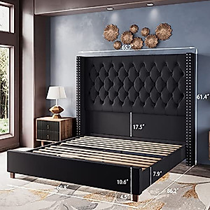 Jocisland 61.4" Tall Bed Frame Queen Size Upholstered Bed Wingback Headborad Velvet Tufted Handmade Pleat Deep Button/No Box Spring Needed/Black