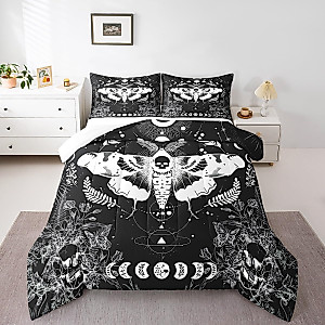 Feelyou Kids Death Moth Comforter Set Twin Size, Skull Decor Bedding Set Boys Girls Boho Moth Comforter Gothic Teens Duvet Set Bedroom Decor Bed Set 2Pcs