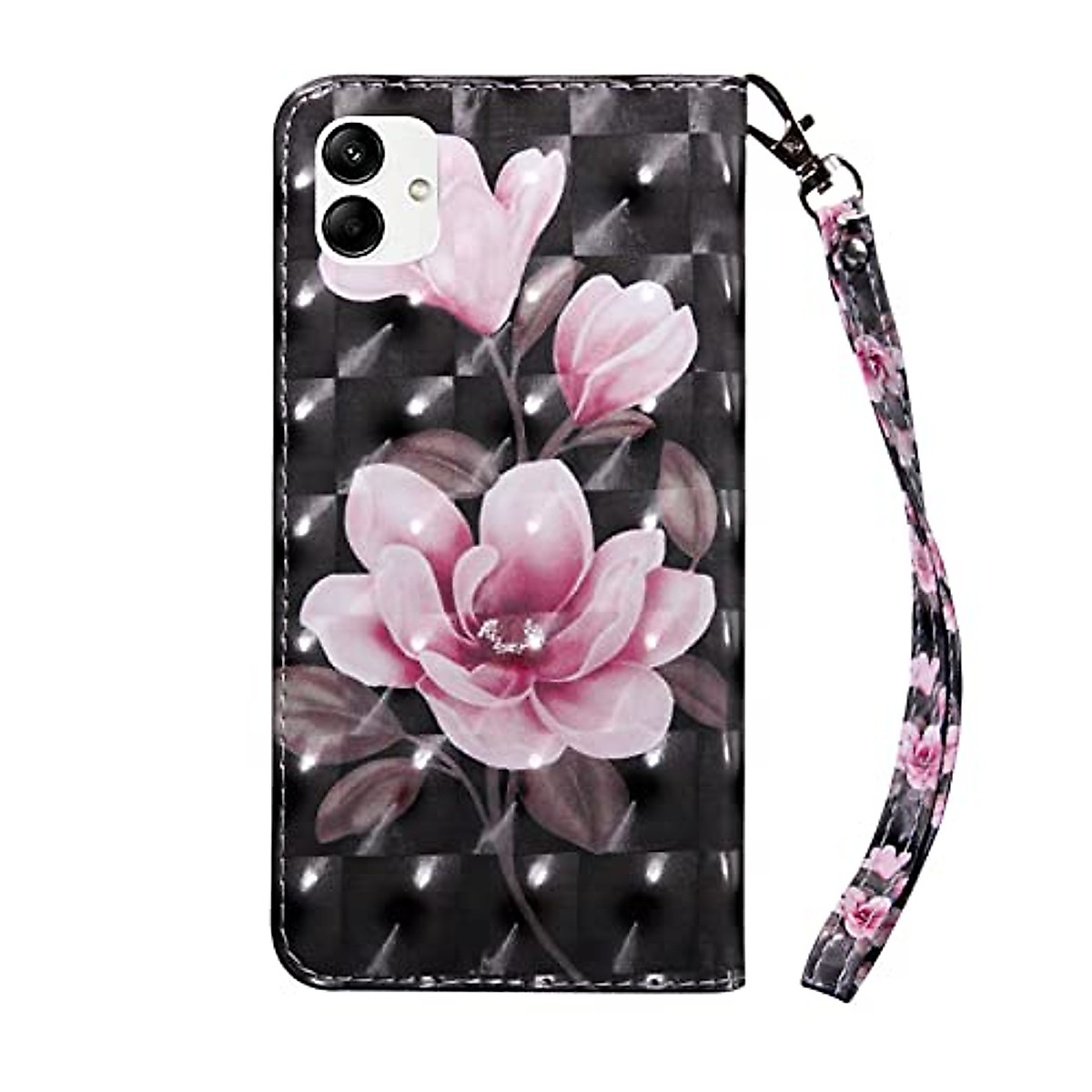 OOPKINS Compatible with Samsung Galaxy A04 Case,3D Effect Painted PU Leather Wallet Case with Wrist Strap Card Slots Shockproof Cover for Samsung Galaxy A04 Pink Flower Black BX