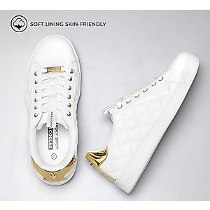 LUCKY STEP Women‘s Fashion Sneakers Classic Casual Tennis Lace up PU Leather Walking Shoes Comfortable Non Slip Sneakers(White,9B(M) US)