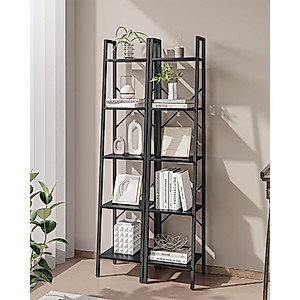 Hzuaneri Ladder Shelf, Bookshelf Bookcase, Freestanding Corner Storage Shelve with 2 Hooks for Home Office, Living Room, Kitchen, Bedroom, Industrial, 5-Tier Black BC03204B