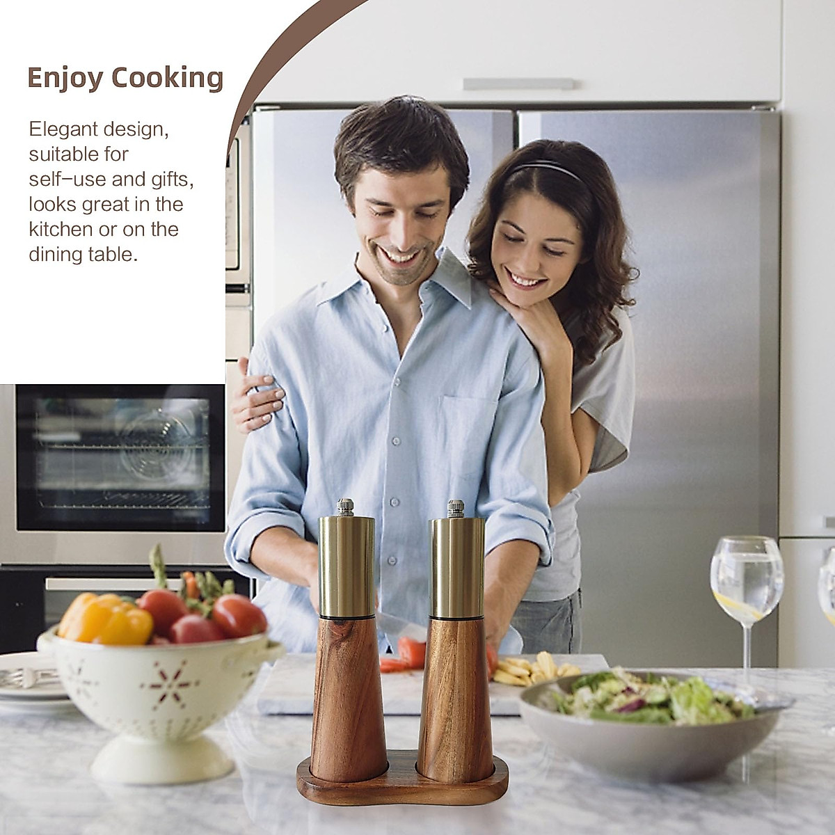 Gold Salt and Pepper Grinder Set,Salt and Pepper Grinder Set Wood,Gold Salt and Pepper Shakers, Modern Salt and Pepper Shakers, Pepper Mill with Ceramic Core,Pepper Grinder For Kitchen,Wood Tray