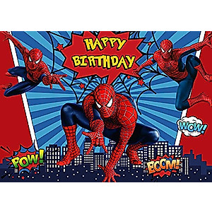 Red Spider Photography Backdrop Baby Boys Happy Birthday Party Decorations Vinyl Children Photo Booth Studio Props Background Superhero Cityscape 5x3ft Banner Dessert Table Baby Shower Supplies