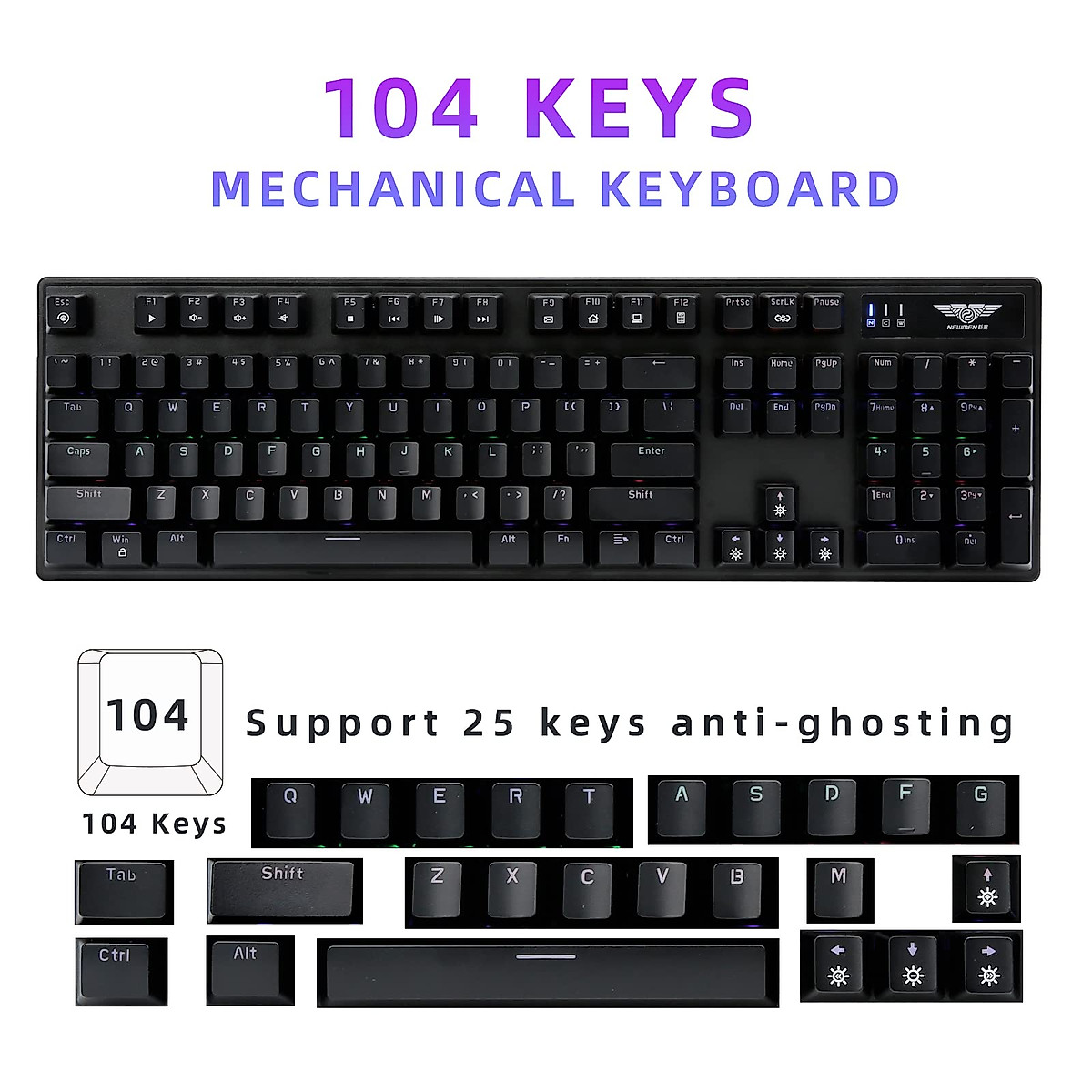 Newmen GM325 Gaming Mechanical Keyboard,LED Backlit Wired 104 Keys Mechanical Gaming Keyboard,Anti-ghosting,Macro Programmable PC Gaming Keyboards for Windows Computer Laptop(Blue Switch)
