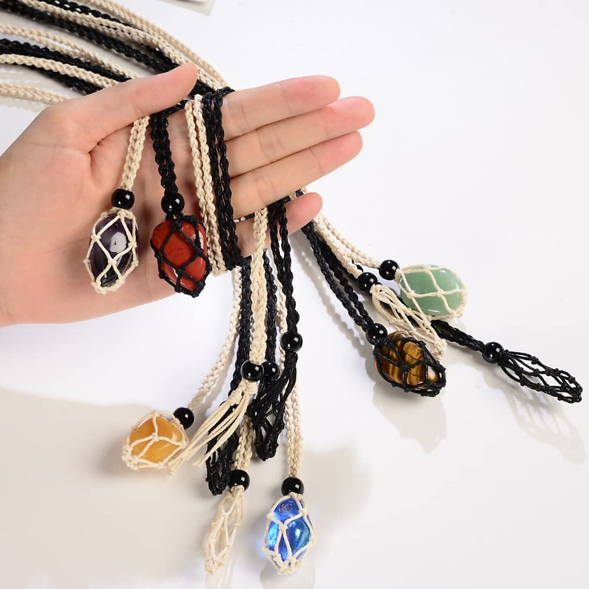 VNVETYTO 18 PCS Crystal Cage Necklace Holder Cord Empty Stone Holder Replacement Hand-Woven Cord with Adjustable Length (9 Black + 9 Beige)