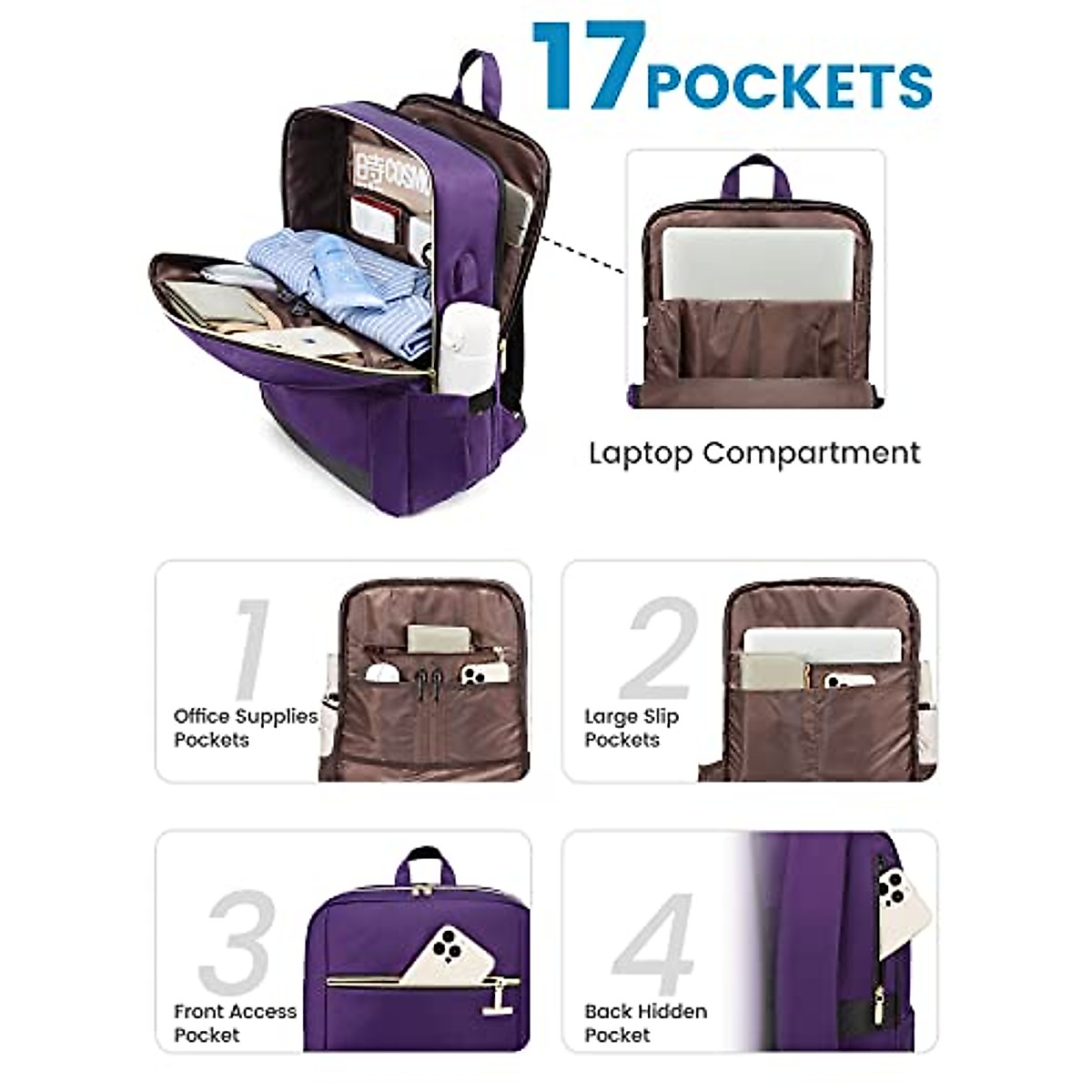 LOVEVOOK Laptop Backpack Women, 15.6 inch Lightweight Smart Work Backpack Travel Bag, Casual Daypack for Business Commuter, Water Resistant Book Bag with USB Charger for College, Purple