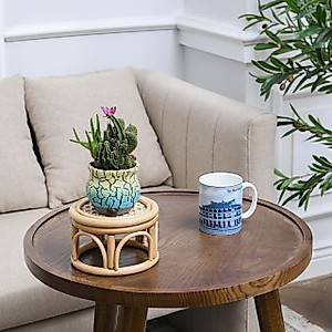 Set of 2 Small Boho Rattan Wicker Round Riser Plant Stand Indoor,Rustic Farmhouse Natural Wooden Circle Pedestal for Decor & Display, Tabletop, Office Decor