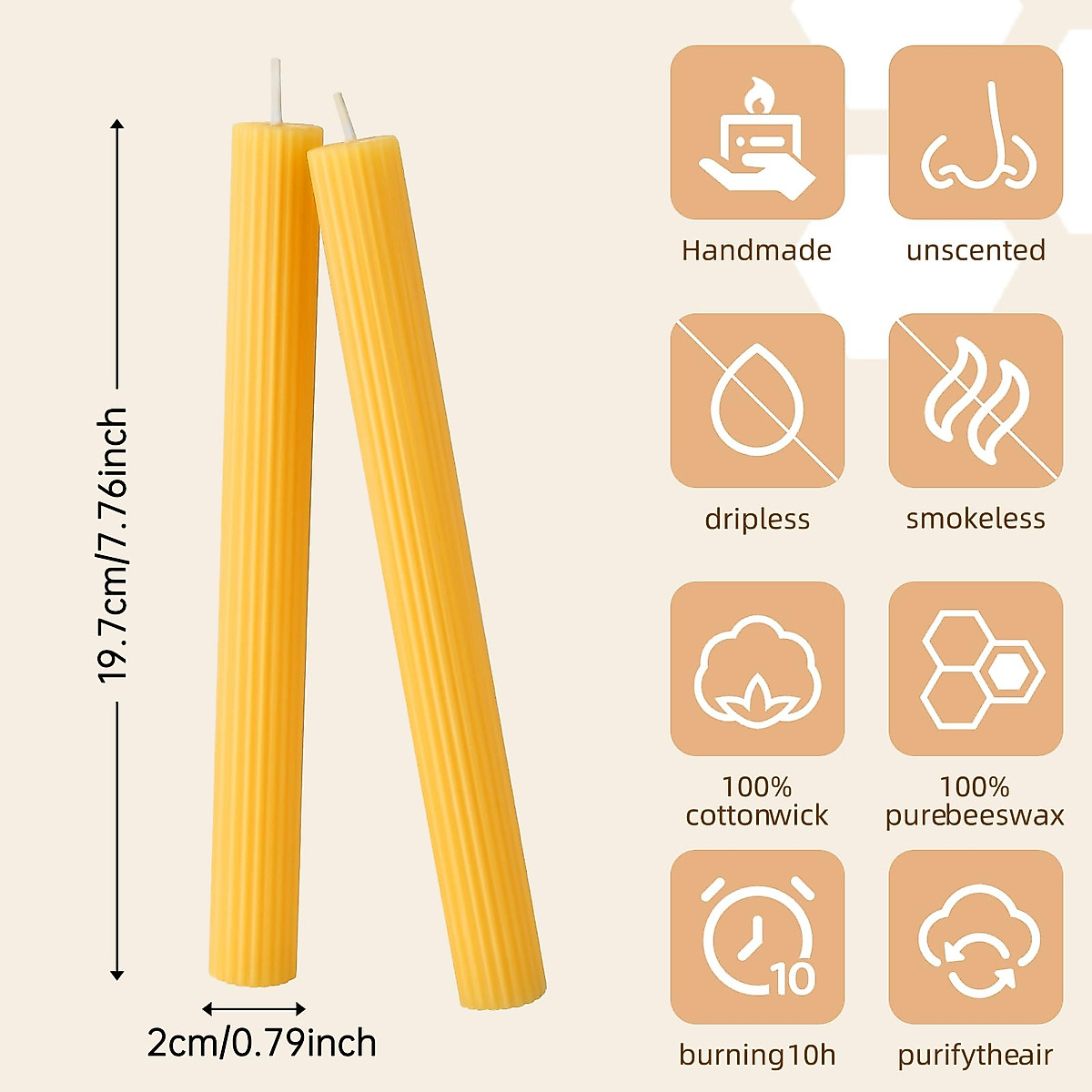 Natural Beeswax Taper Candles,8 inch Long Beeswax Candle Sticks,10 Hour Burn Time Tapered Candle, Dripless and Smokeless Beeswax Tapers, for Purified Air Spa Relaxation Christmas Home Decor(4pcs)