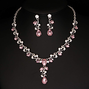 Molie Leaf Vine Crystal Necklace Earrings Jewelry Set for Bridesmaids V-Neck Formal Evening Dress (Pink)