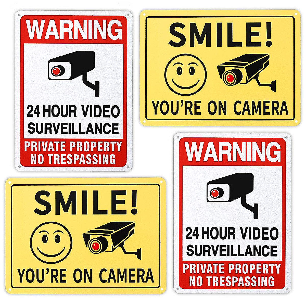 4 Pieces Smile You're On Camera Sign and Private Property No Trespassing Sign Video Surveillance Signs UV Printed 40 Mil Rust Aluminum Security Camera Sign for Home Business (Simple Style)