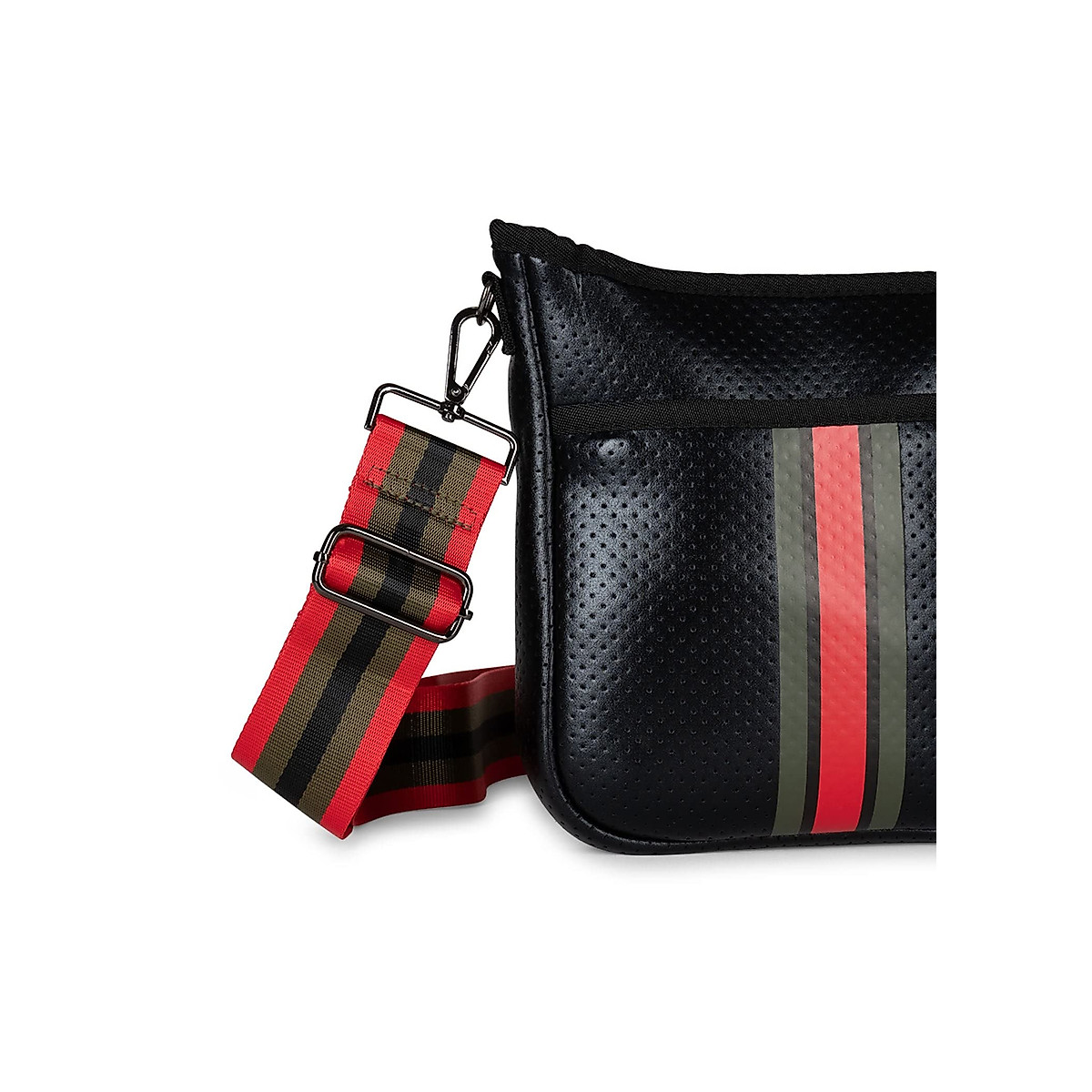 Haute Shore - Jeri Bello Crossbody Tote, Black Coated W/Olive, Black, & Red Stripe