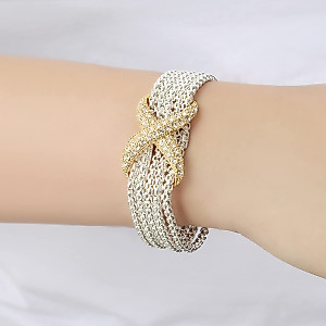 UNY JEWEL Jewelry X Bar 5 Strand Box Chain Magnetic Clasp Wide Bracelet Designer Inspired Christmas Day Gifts (Two Tone 6.50 Inch)