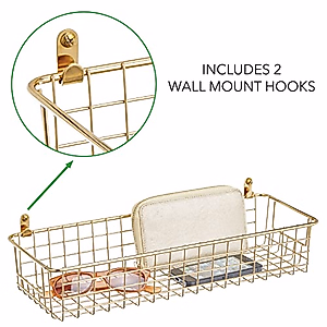 mDesign Wallmount Metal Storage Basket Tray with Handles - Decorative Organizer for Hanging in Entryway, Mudroom, Bedroom, Bathroom, Laundry Room - Small - Hooks Included - Soft Brass