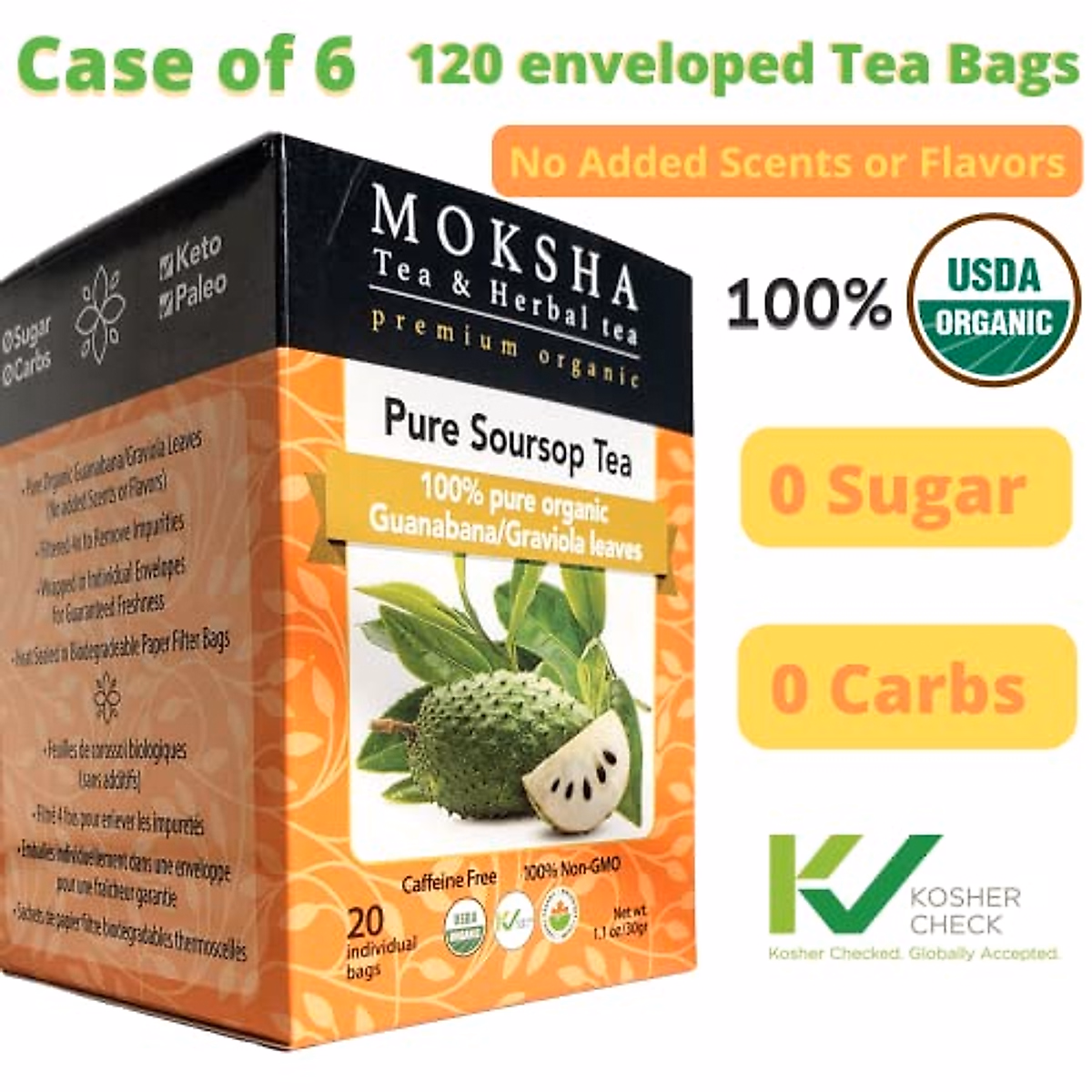 Pure Soursop Tea Case of 6-120 Organic Tea Bags made with Pure Graviola Leaf- Guanabana Leaves- Moksha Ayurveda