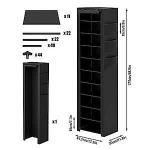 NiHome 10-Tier Tall Shoe Rack with Dustproof Waterproof Cover, Compact Narrow Shoe Rack Free Standing Shoe Storage Organizer for Closet Entryway, Metal Structure Vertical Shoe Shelf Tower, Black
