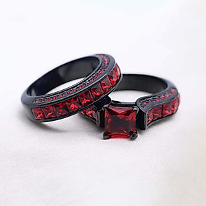 Black Gold Plated Womens Wedding Ring Sets Bridal Sets Princess cut Red Cz Engagement Ring Wedding Bands