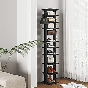 HOME BI 10 Tiers Vertical Shoe Rack, Tall Skinny Wooden Boot Shelf, Narrow Slim Shoe Tower, Free Standing Shoe Cabinet with Hooks for Entryway, Closets, Corner, Wall, Front Door, Outdoor, Black