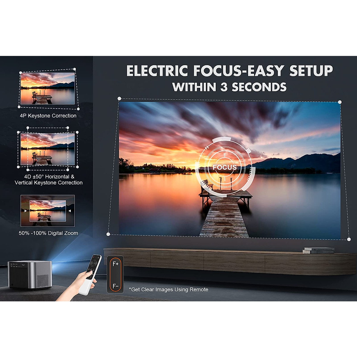 VIZONY FHD 1080P Projector 4K Support, 800ANSI 5G WiFi Bluetooth Projector, Outdoor Projector with Full-Sealed Engine/Electric Focus/4P4D/PPT/Zoom, Home Movie Projector Compatible w/iOS/Android/PC/TV