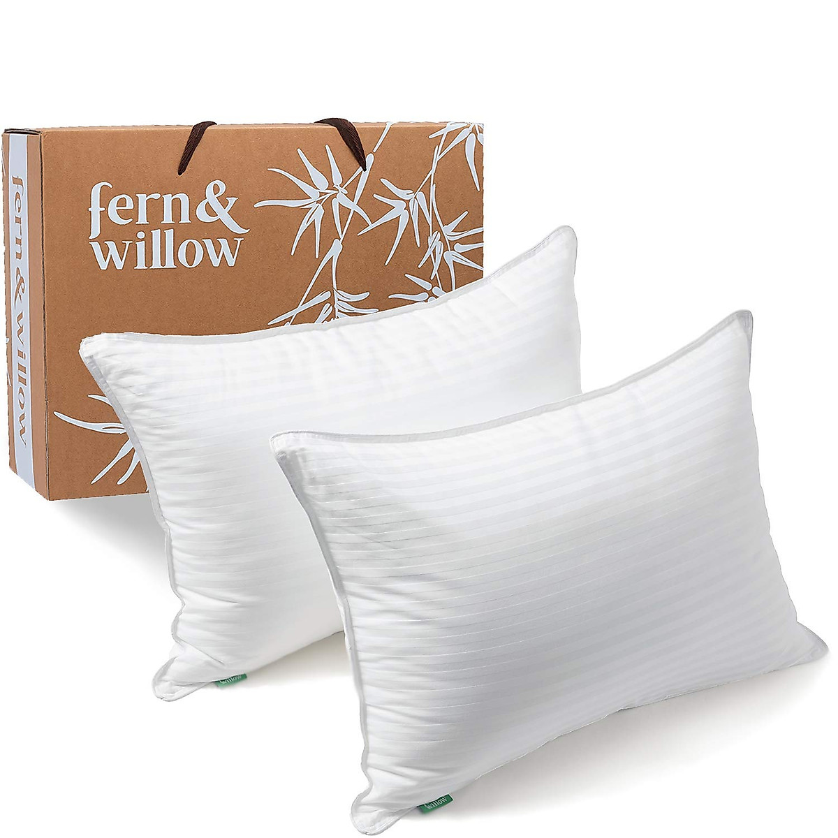 Fern and Willow Pillows for Sleeping - Set of 2 Queen Size Down Alternative Pillow Set w/ Luxury Plush Cooling Gel for Side, Back & Stomach Sleepers