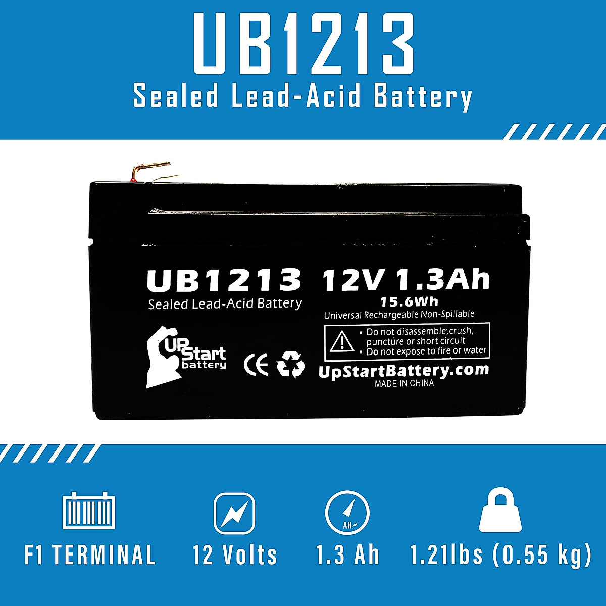 Replacement for Mercedes-Benz N000000004039 Battery - Replacement UB1213 Universal Sealed Lead Acid Battery (12V, 1.3Ah, 1300mAh, F1 Terminal, AGM, SLA) - Includes TWO F1 to F2 Terminal Adapters