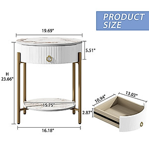 OIOG Modern End Table with Storage Drawer, Round 2-Tier Nightstand with Shelf, Gold Side Table with Metal Legs for Living Room, Bedroom, Office, Marbling Natural Stone/Gold