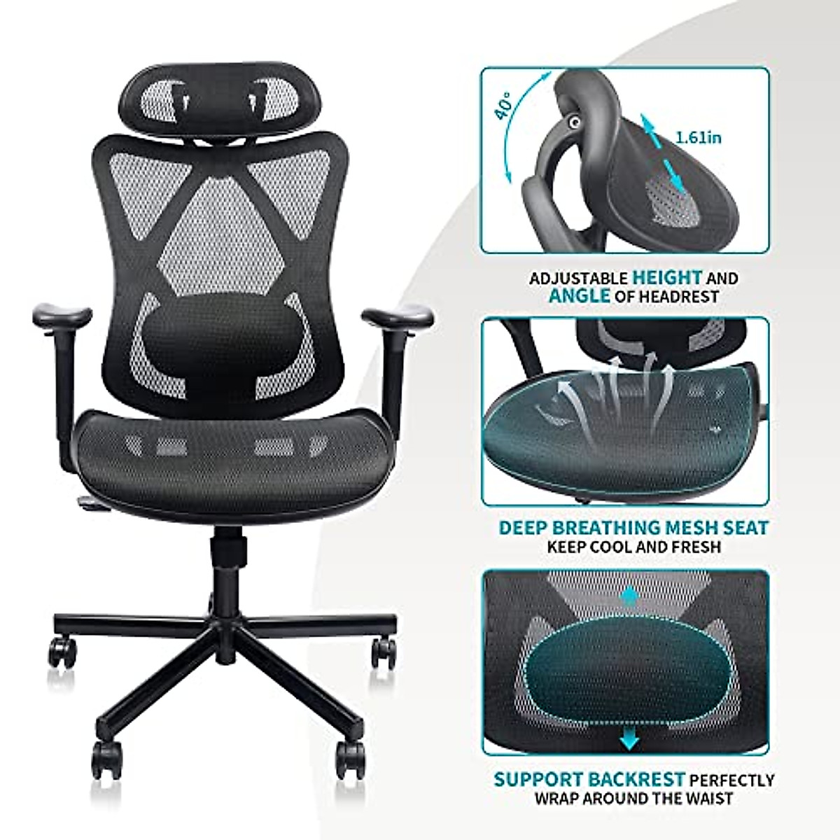 Mesh Office Chair, Ergonomic Office Chair with Adjustable Lumbar Support, Armrest, Headrest - Tilt High Back Desk Chair with Mute Wheel for Office, Home, Gaming