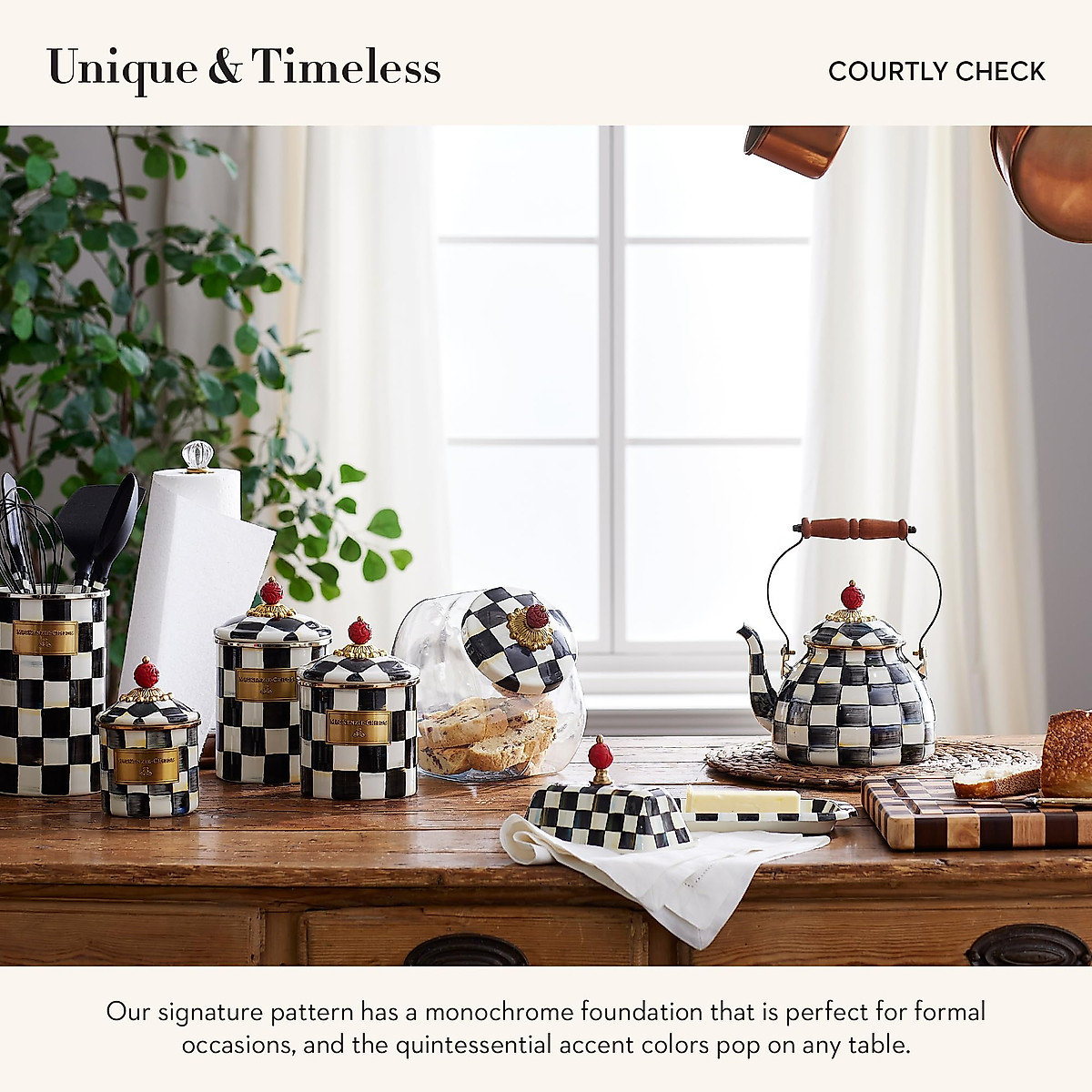 MACKENZIE-CHILDS Cookie Jar with Enamel Lid, Large Glass Treat Jar or Kitchen Jar, 1-Gallon Capacity, Black-and-White Courtly Check