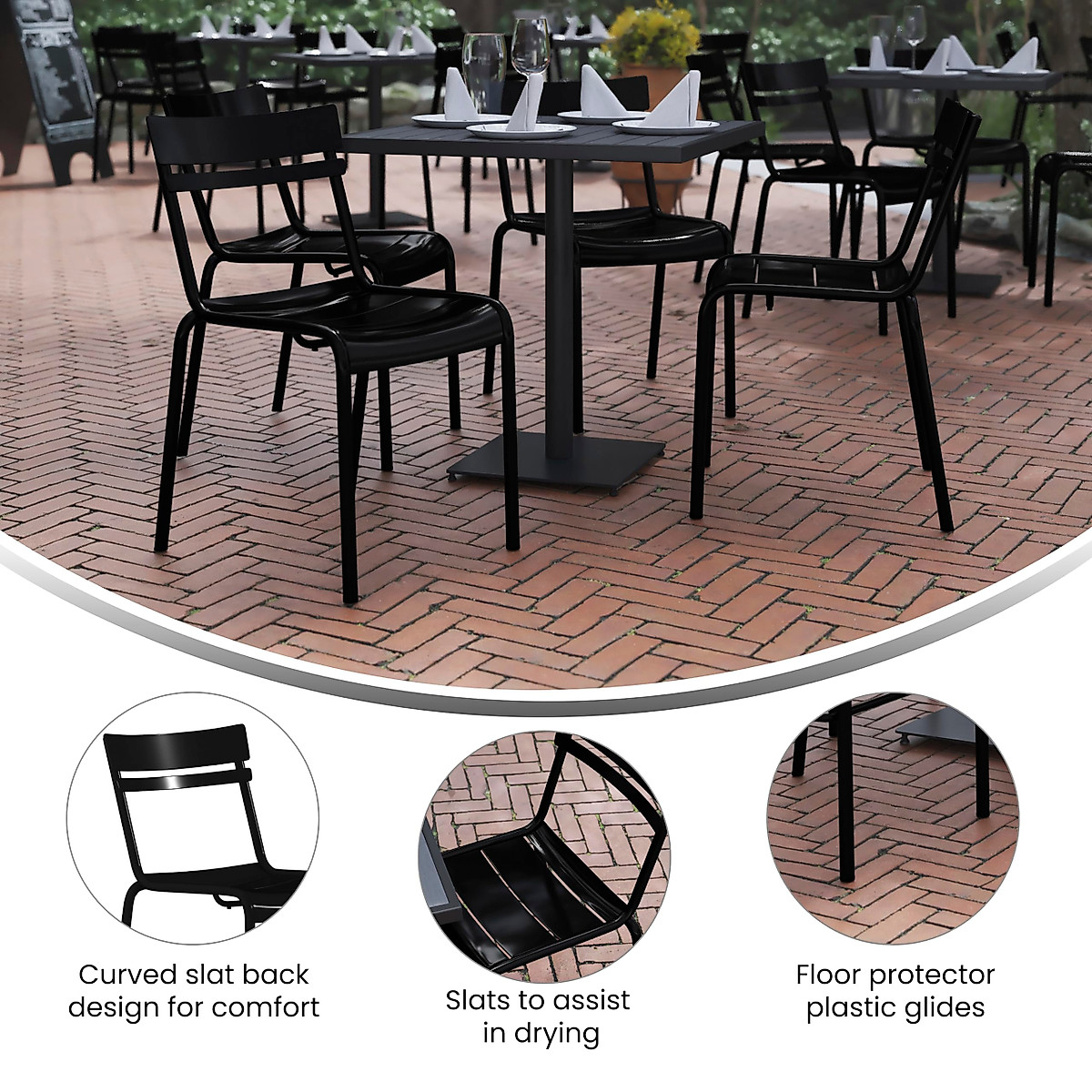 EMMA + OLIVER Rennes Armless Stacking Dining Chair - Indoor/Outdoor 2-Slat Chair with Powder Coated Frame - Black