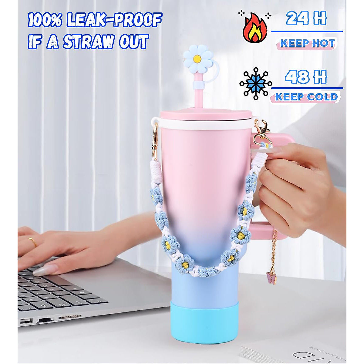 40 oz Tumbler with Handle and Straw & 6PCS Cup Accessories for 40 oz Cup - Vacuum Insulated Stainless Steel Double Wall Water Bottle Travel Coffee Mug - Holiday Gifts for Women Men (Bubble)