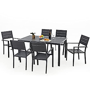 AECOJOY 7 Piece Outdoor Dining Set, Aluminum Patio Table and Chairs Set for 6 with Rectangular Table and Stackable Chairs for Garden, Backyard, Black