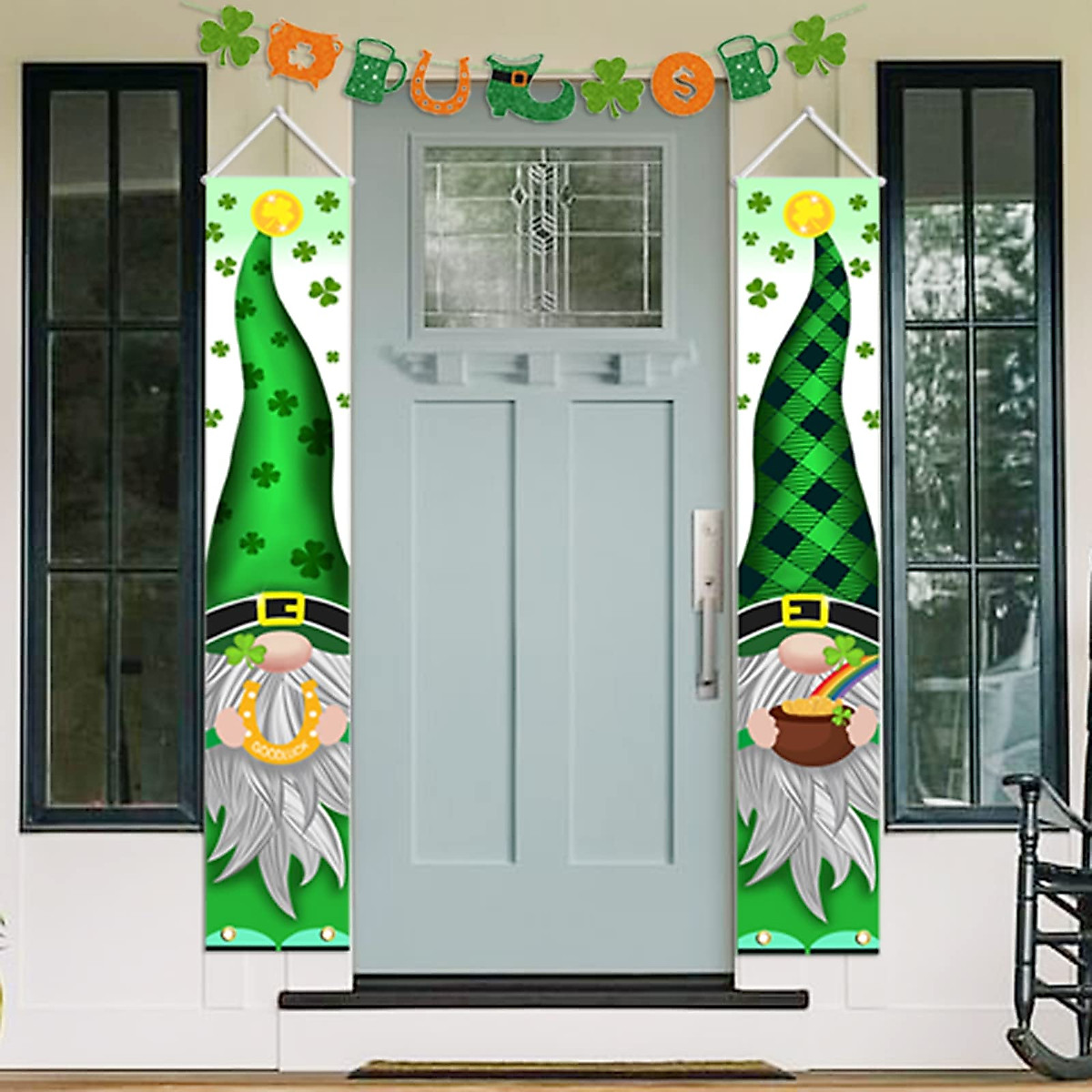St Patricks Day Decorations Outdoor, 3 Pack Green Gnomes Welcome Banners Porch Signs with Glitter Garland Banner, Irish Shamrock Saint Patrick's Day Décor for The Home Party Door Tree Classroom Office