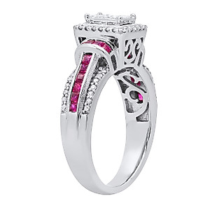 Dazzlingrock Collection Princess Ruby with Round & Princess White Diamond Engagement Ring for Women in Sterling Silver, Size 9