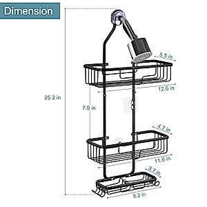 smusei Shower Caddy Over Shower Head Aluminum Shower Organizer Hanging Bathroom Shower Shelves for Inside Shower 3 Tier Shower Racks with Hooks and Shampoo Soap Razor Holder - Black