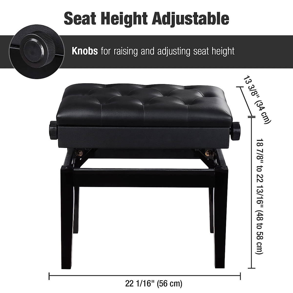 AW Adjustable Height Piano Bench Stool PU Leather Wooden Keyboard Seat with Music Storage Weight Capacity 400lbs Black