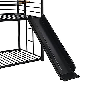 Twin Over Twin Low Bunk Bed with Slide and Stairs House Bunk Bed Metal Frame with Storage Shelves for Kids Boys Girls Teens, Black