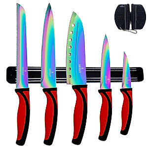 SiliSlick Kitchen Knife Set Professional, Titanium Coated Stainless Steel Blades, Dishwasher Safe, Safety Sheaths, 5 Knives