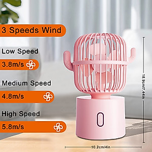 Growiner Cactus Fan, Cute Desk Fan Small Mini Office Desk Fan Quiet, 80 Degree Rotation USB Portable Fans 3 Speeds Strong Wind, Cactus Office Supplies, Personal Table Desktop Fan Decor (Green)