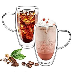 E-Greetshopping 16 oz Double Wall Glass Coffee Mugs,Insulated Layer Coffee Cups with Handles,Cappuccino Latte Macchiato Glasses Cups, Heat Resistant for Hot Drinks Tea Milk Juice Ice Cream(Set of 2)