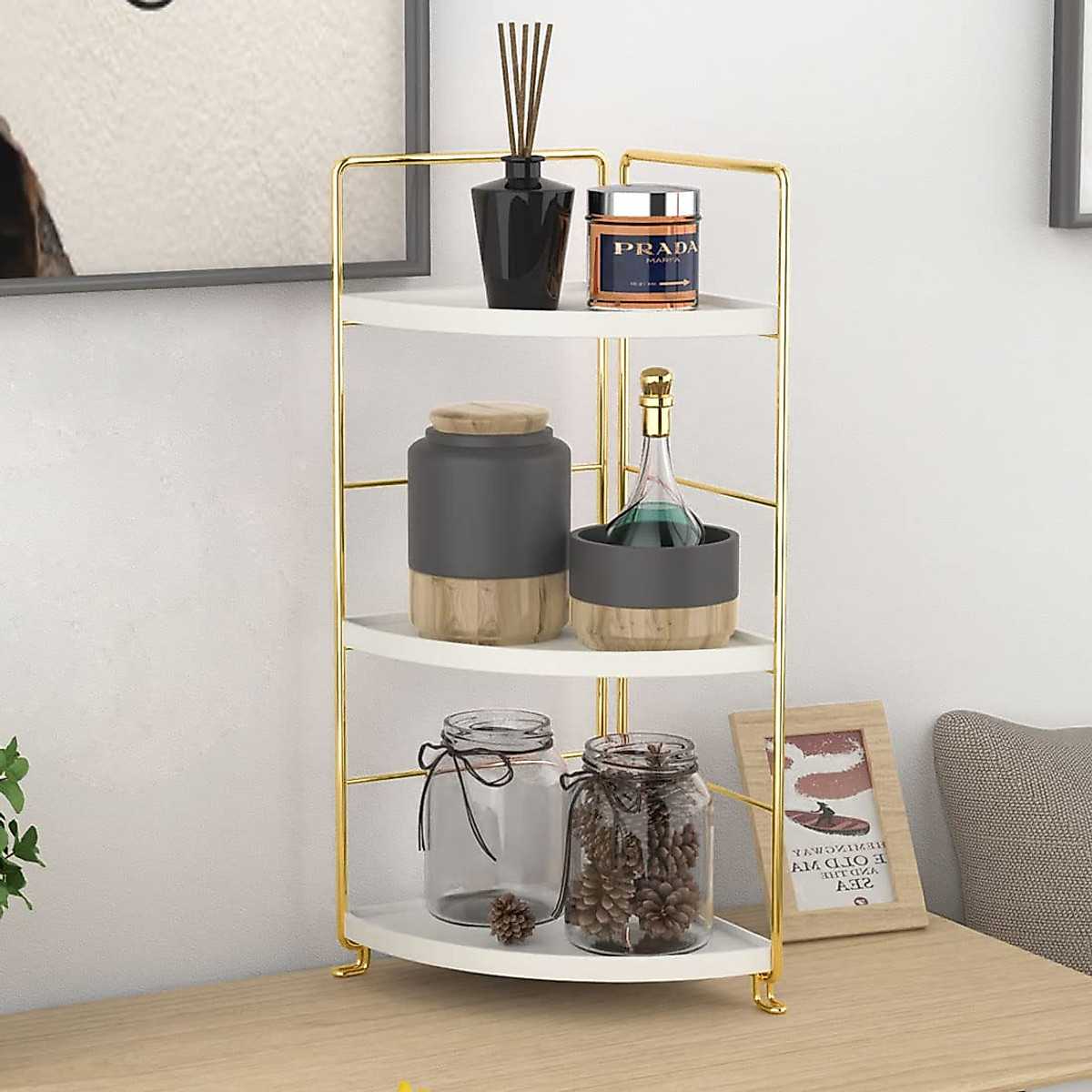 3-Tier Kitchen Spice Rack , Standing Rack,Triangle Bathroom Countertop Storage Shelf ,Cosmetic Organizer Holder , Stackable Cabinet Organizer , Kitchen Counter Shelf , Corner Spice Rack ,Golden