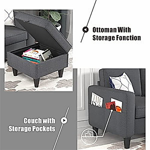 Sectional Sofa Couch Convertible L-Shaped Couches with Storage Ottoman Dark Grey 3 Seater Modern Linen Fabric Futon Sleeper Furniture Set for Living Room Apartment Loft Small Spaces