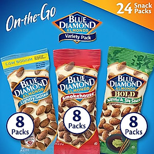 Blue Diamond Almonds Snack Nut Variety Pack for Kids, Office, School, On-the-go, 0.75 oz Gluten Free Individual Packs, Wasabi & Soy Sauce, Lightly Salted, and Smokehouse (Pack of 1,24 Count Total)